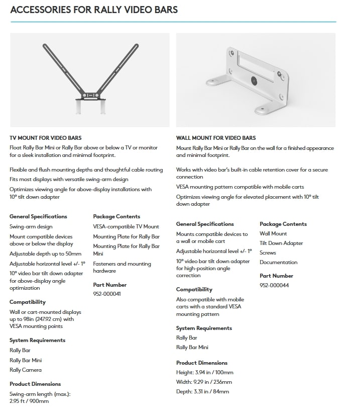 Logitech TV MOUNT FOR VIDEO BARS - NEW - for Rally Bar / Mini / Huddle ...